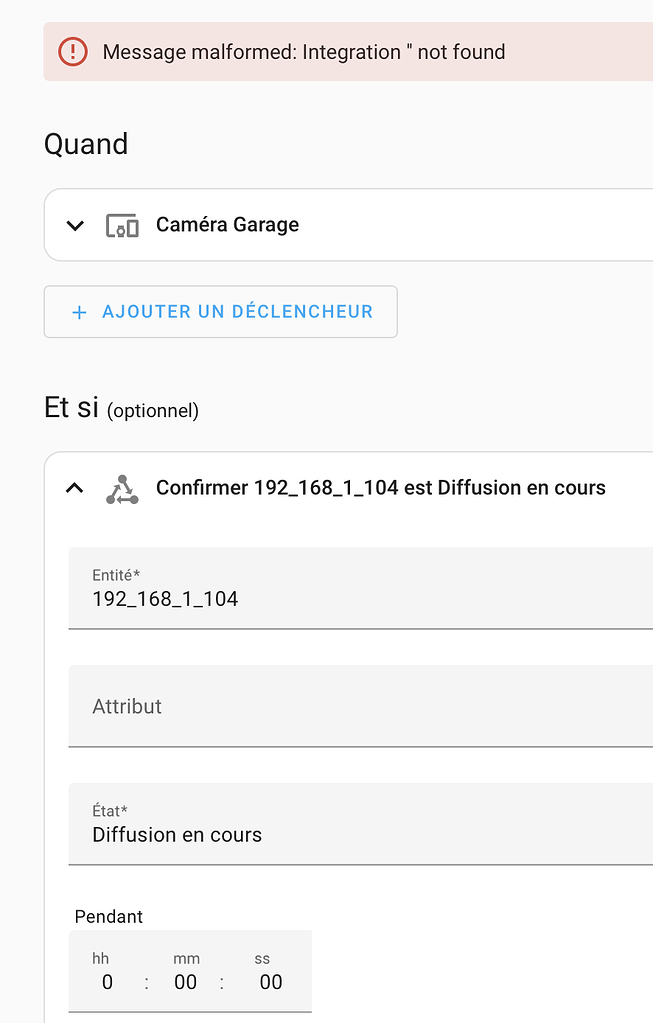 Automatisation Caméra Message d'erreur : malformed: Integration '' not ...